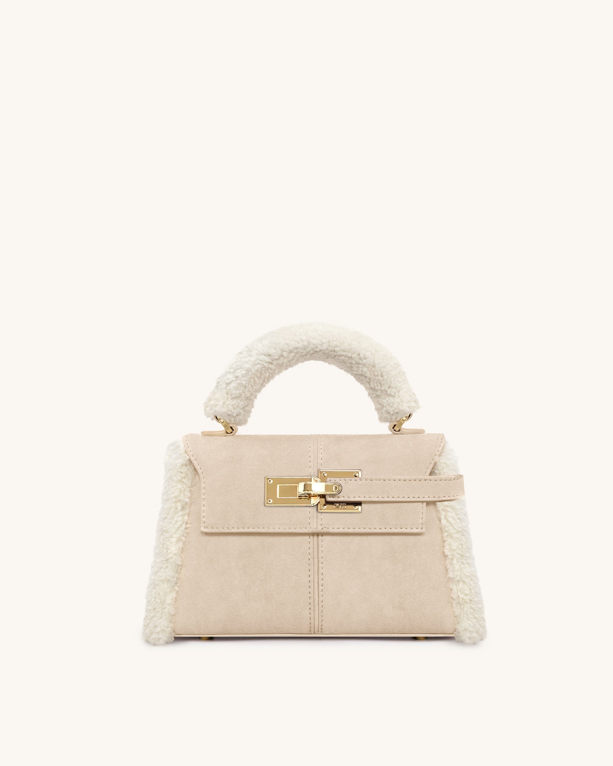 Elise Faux Suede Shearling Trim Top Handle Bag - Taupe | JW PEI