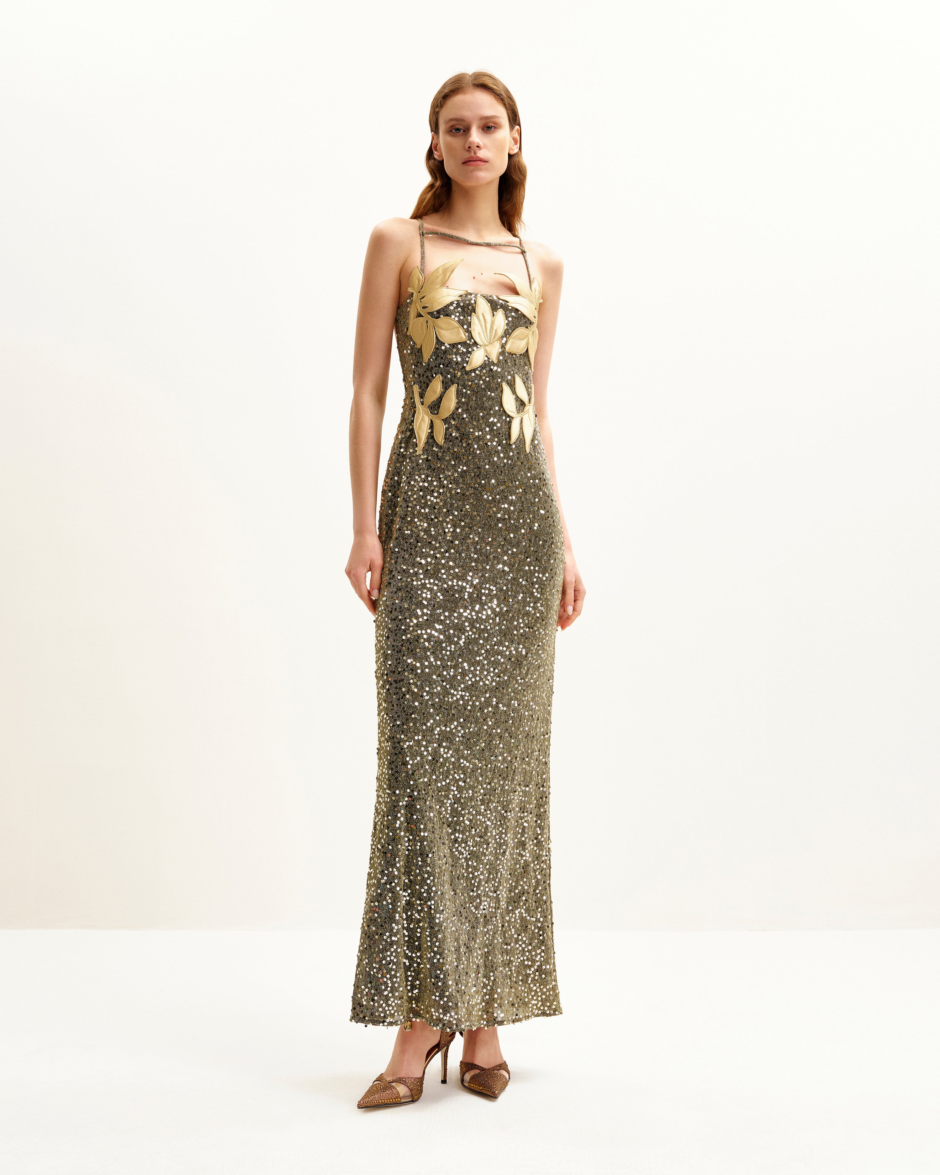 Araminta Sequined Gown with Floral Details - Gold | JW PEI