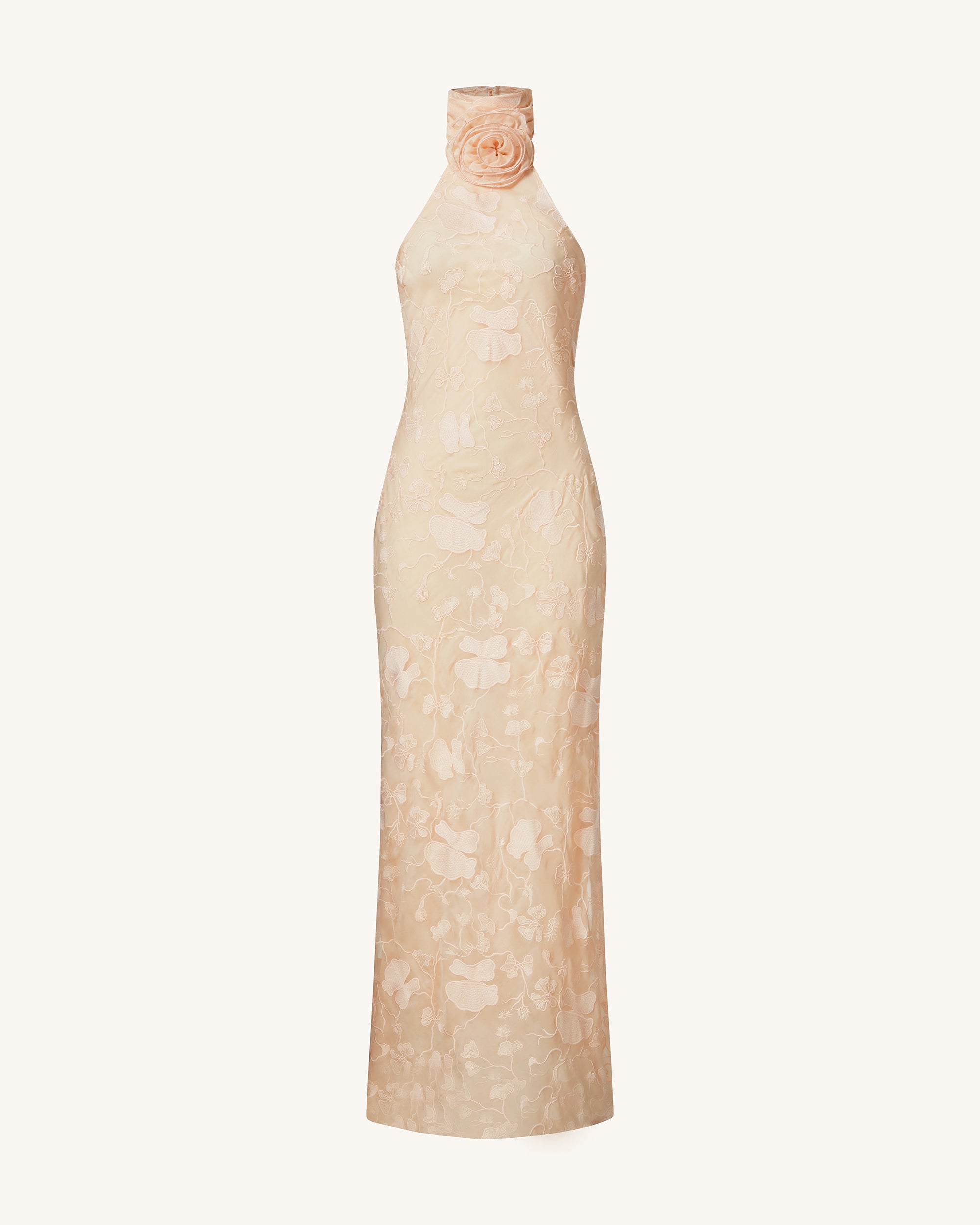 Uliana Pink Beige Floral Lace Halterneck Maxi Dress - Pink Beige - JW PEI